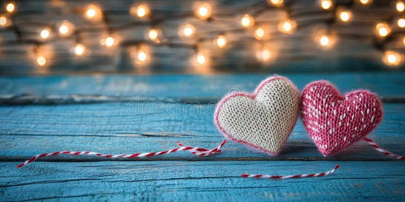 Romantic Knitted Hearts on Rustic Blue Wood with Bokeh Lights ...