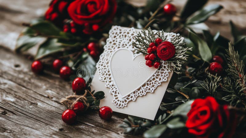 Romantic Lace Heart Card with Red Roses and Berries Stock Illustration ...
