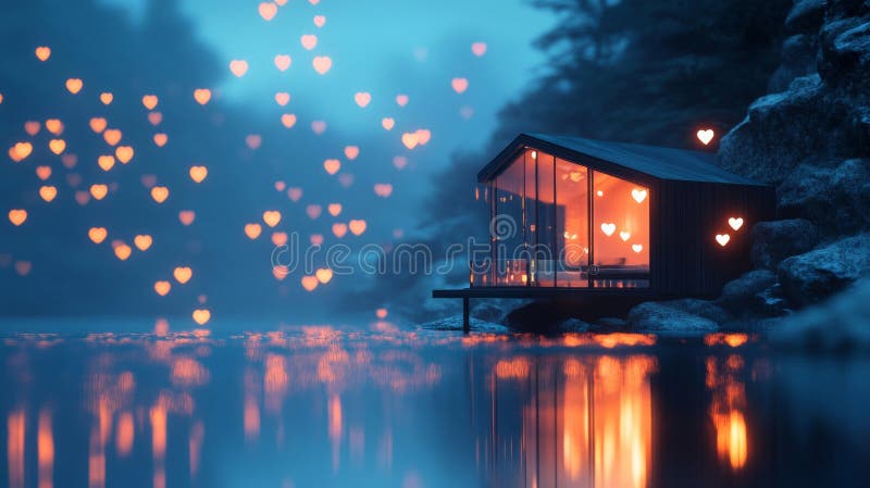 Romantic Lakeside Cabin with Glowing Hearts at Night Stock Illustration ...