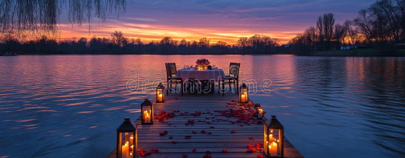 Romantic Lakeside Dinner Setting with Wooden Dock at Sunset, Surrounded ...