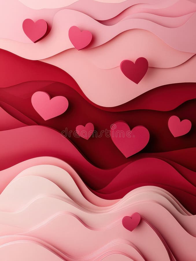 Romantic Layered Paper Cut Background Featuring Floating Hearts in Soft ...