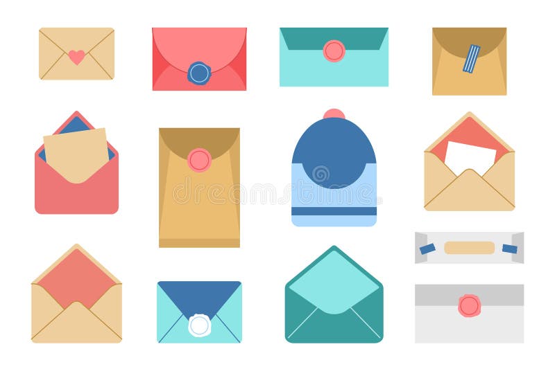 Romantic Letters Post Collection. Flat Design. Hand Drawn Envelops Set ...