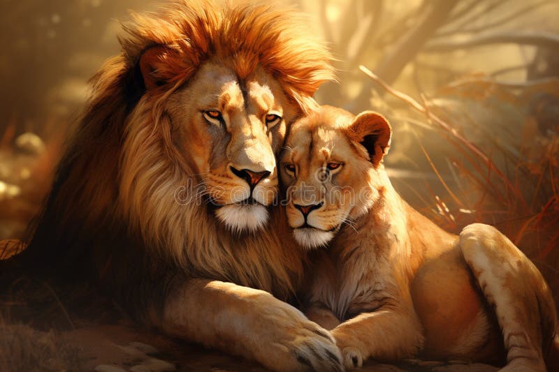 Romantic Lions in Affectionate Embrace. Generative AI Stock ...