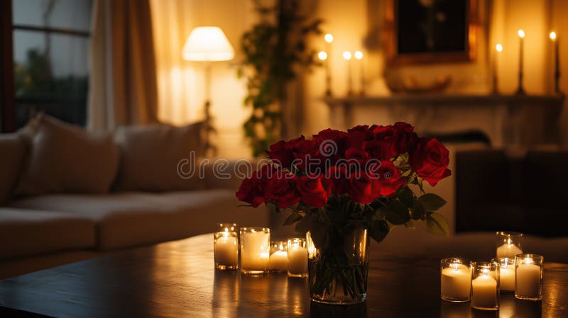 A Romantic Living Room Setting with Roses and Candles Stock Image ...