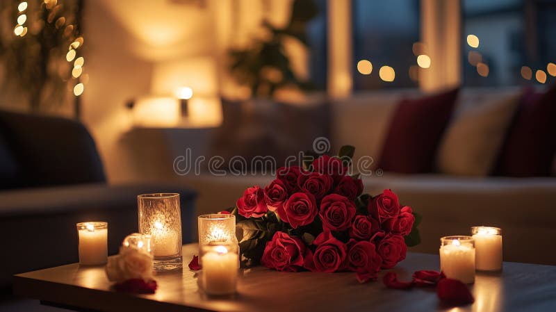 A Romantic Living Room Setting with Roses and Candles Stock Image ...