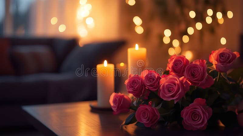 A Romantic Living Room Setting with Roses and Candles Stock Photo ...