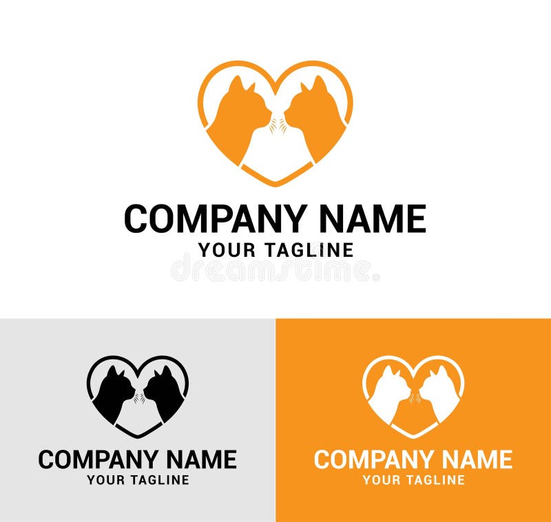 Romantic Love Cats Silhouettes with Hearts Shape Logo Design Template ...
