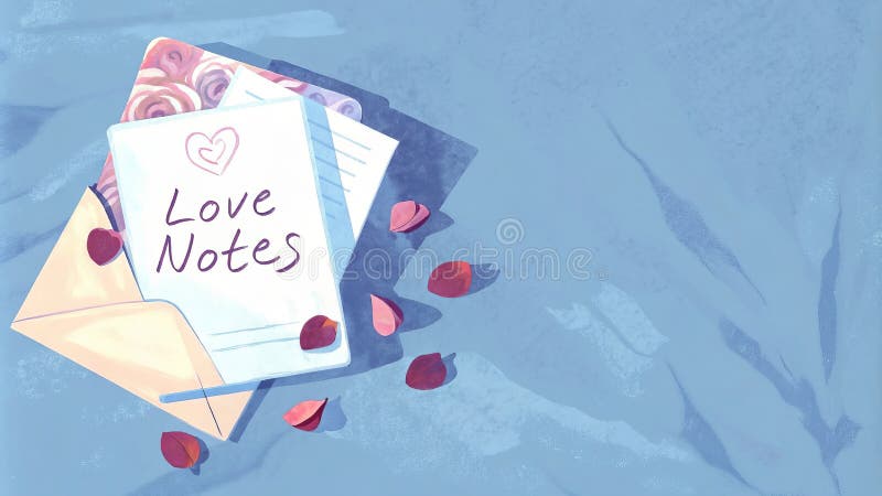Romantic Love Notes on Blue Bedspread with Rose Petals Stock Photo ...