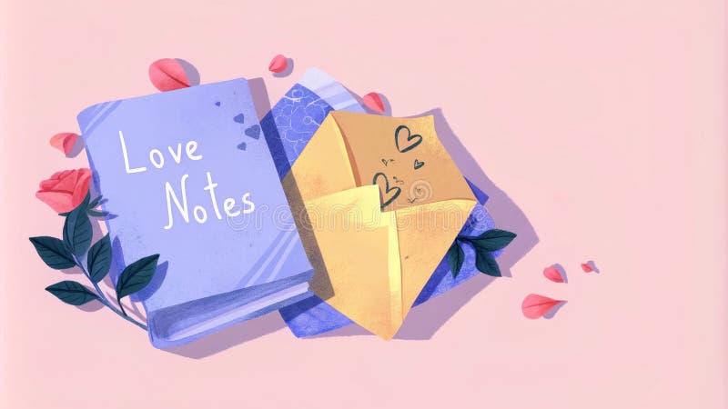 Romantic Love Notes with Envelope and Flowers on Pink Background Stock ...