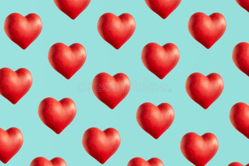 Romantic Love Pattern, Red Hearts Against Bright Blue Background. Stock ...