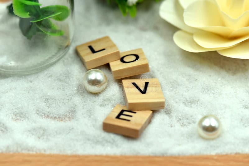Romantic Love Wood Blocks are on the White Sands Stock Image - Image of ...