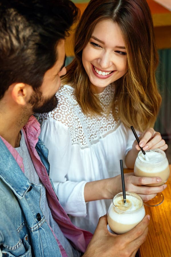 Romantic Loving Couple Drinking Coffee, Having a Date in the Cafe ...