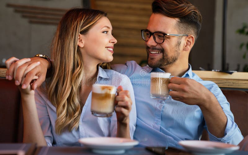 Romantic Loving Couple Drinking Coffee, Having a Date in the Cafe ...
