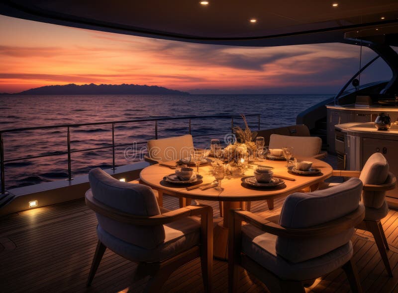 Romantic Lunch on Motor Yacht at Sunset, Table Setting at a Luxury ...