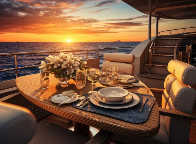 Romantic Lunch on Motor Yacht at Sunset, Table Setting at a Luxury ...
