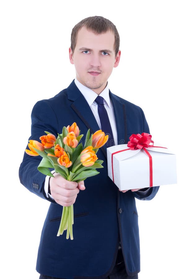 Romantic Man Giving Gift Box and Flowers Isolated on White Stock Photo ...