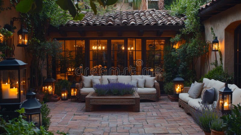 Romantic Mediterranean Courtyard at Night with Lanterns Stock ...