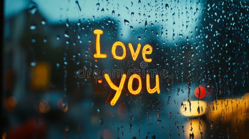 Romantic Message Glowing on a Window with Raindrops at Dusk, Expressing ...