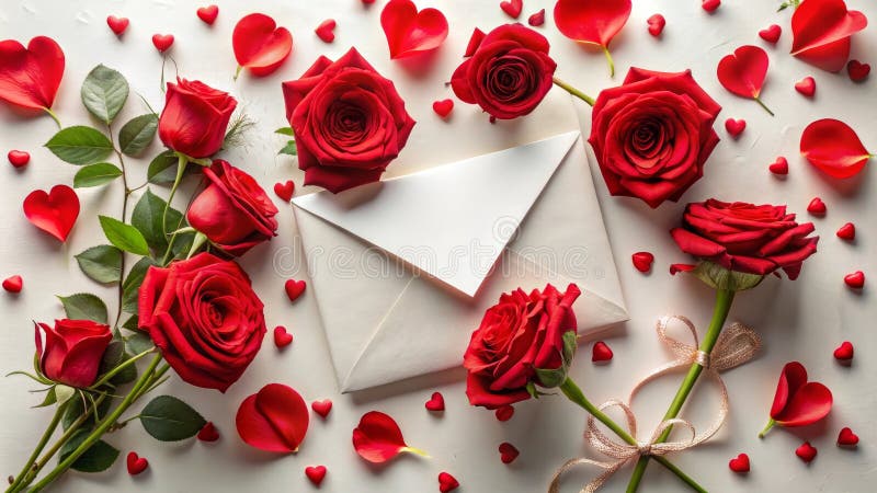 Romantic Message, Red Roses, Petals, and Hearts Scattered Around a ...