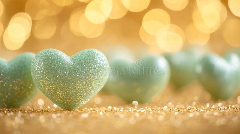 Romantic Mint Green Glitter Hearts on Gold Background Stock ...
