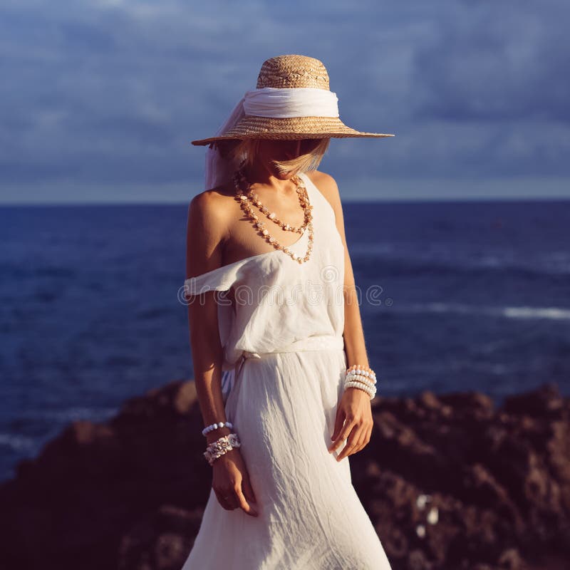 Romantic Model on the Beach in Hat and Jewelry Accessories Stock Image ...