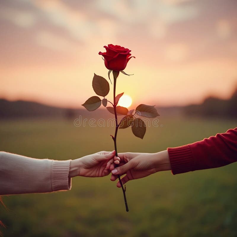 Romantic Moment Captured with a Couple Holding Hands Red Rose Stock ...