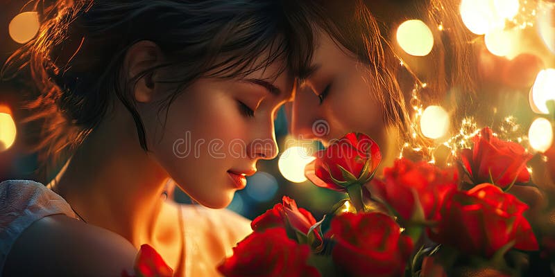 Romantic Moment with Red Roses and Bokeh Lights Stock Illustration ...