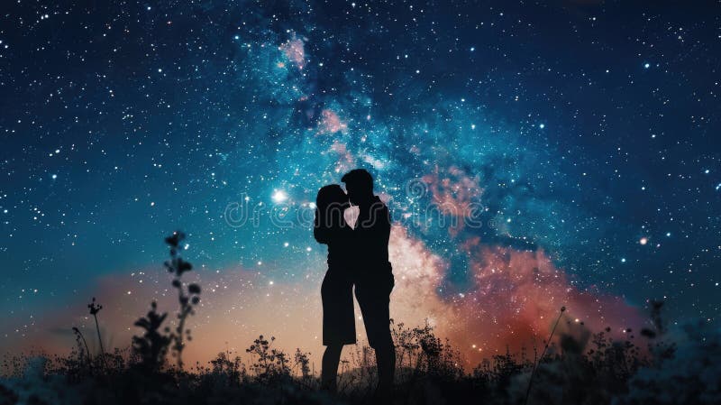 Romantic Moment between Two People Under the Starry Night Sky Stock ...