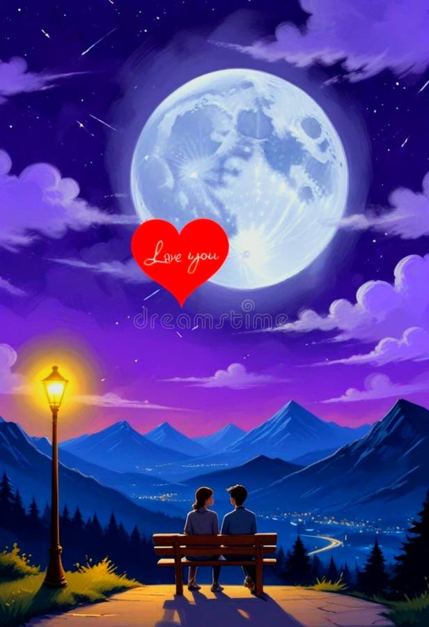 Romantic Moonlight, Love Couple Sitting on the Bench, on Moon Night ...