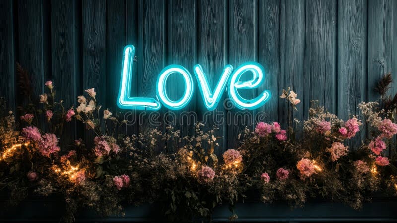 Romantic Neon Love Sign with Flowers Stock Illustration - Illustration of wooden, aesthetic ...