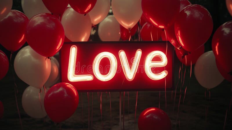 Romantic Neon Love Sign Surrounded by Red and White Balloons Stock ...
