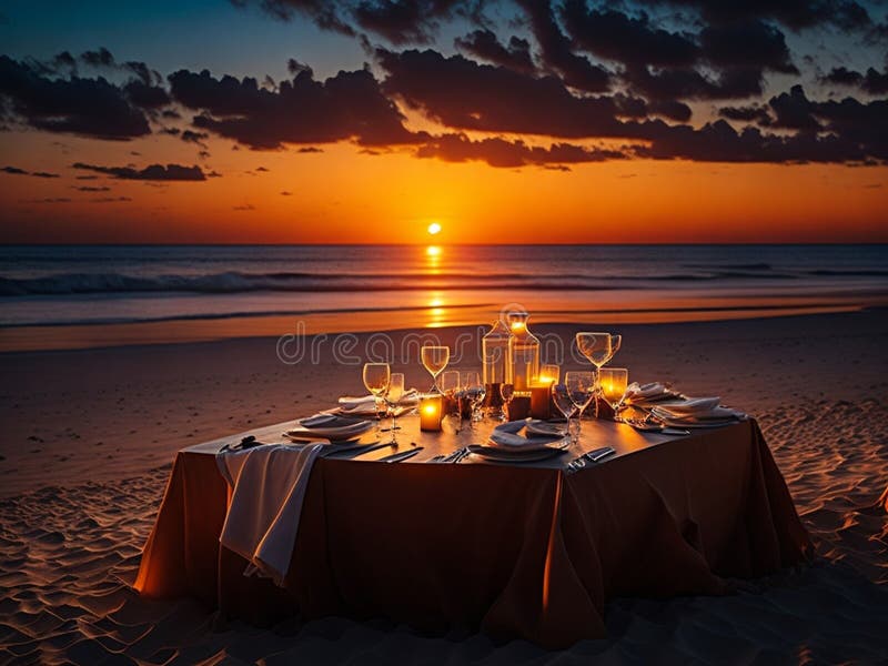 Romantic Nice Dinner on Beach at Sunset Stock Illustration ...