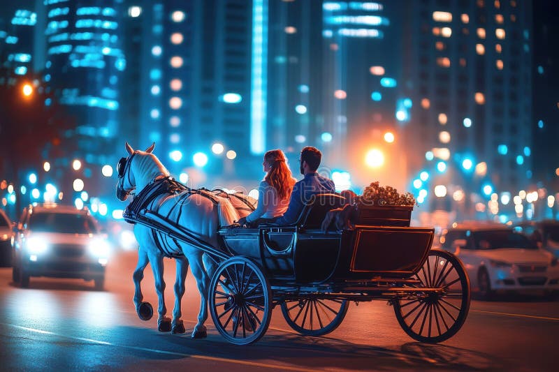 Romantic Night Carriage Ride through Illuminated City Streets Stock ...