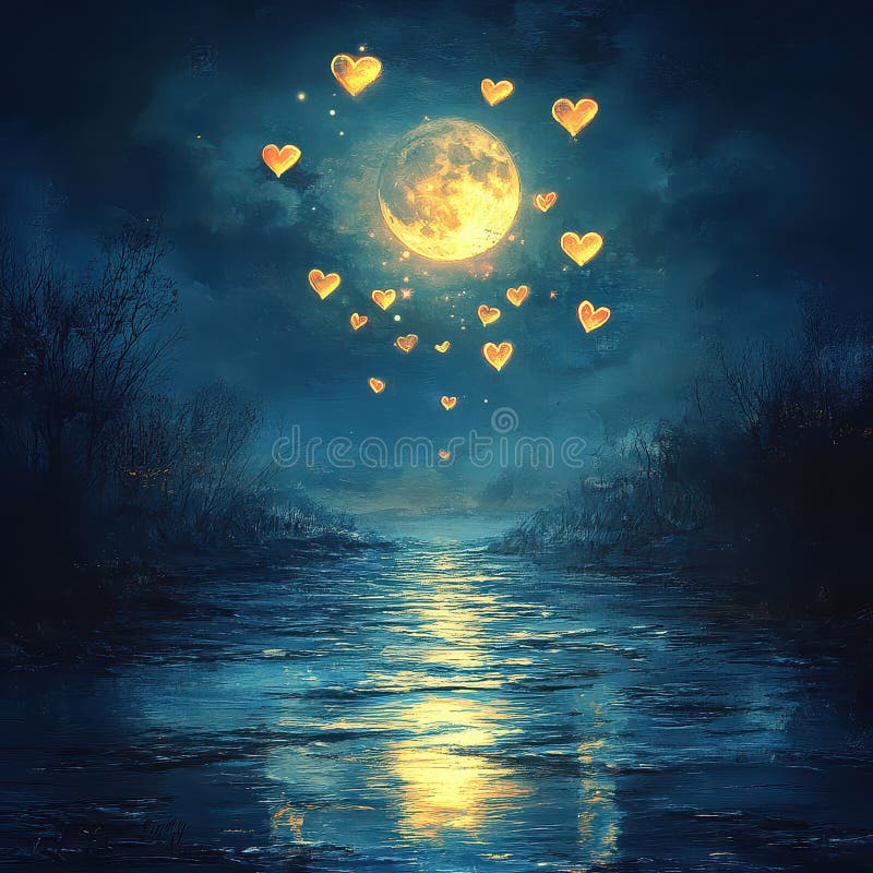 Romantic Night Scene with Full Moon and Floating Hearts Reflection ...