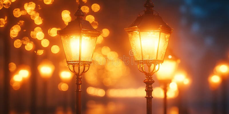 Romantic Night Scene with Illuminated Streetlights and Bokeh Lights ...