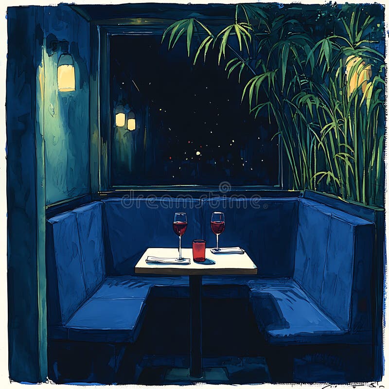 Romantic Nighttime Restaurant Booth Stock Illustration - Illustration ...