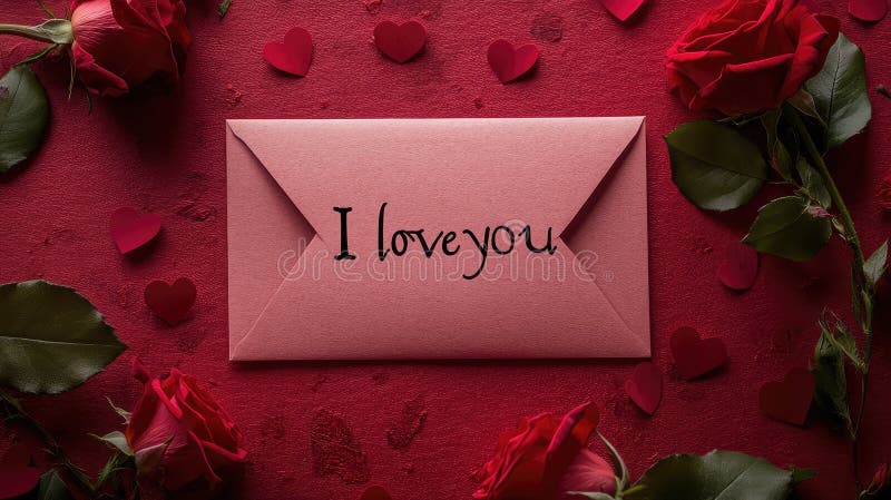 Romantic Note I Love You Inside Envelope with Hearts and Roses on Red ...