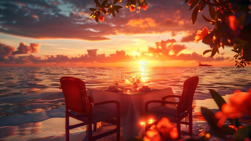 Romantic Ocean Sunset Dinner on the Beach Stock Illustration ...