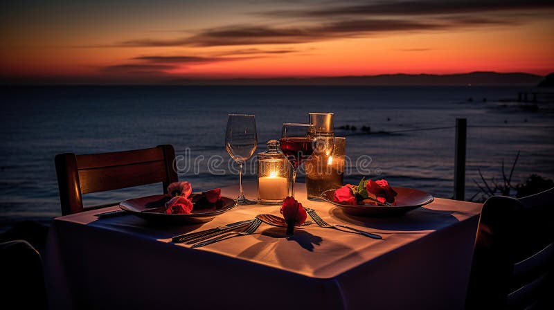 A Romantic Ocean View Dinner. Generative Ai Stock Illustration ...