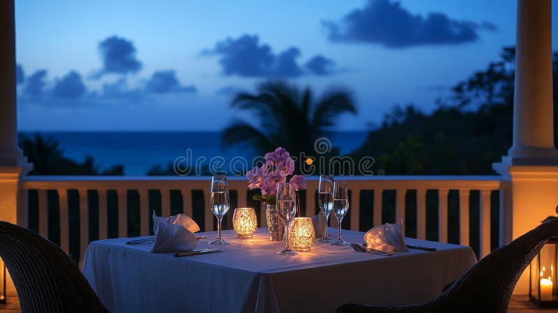 Romantic Ocean View Dinner Table Setting at Dusk Stock Illustration ...