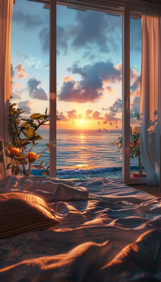 Romantic Oceanfront Bedroom Setup for Cozy Sunset with Beautiful View ...