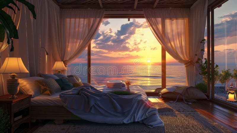 Romantic Oceanfront Bedroom Setup for a Cozy Sunset Evening with ...