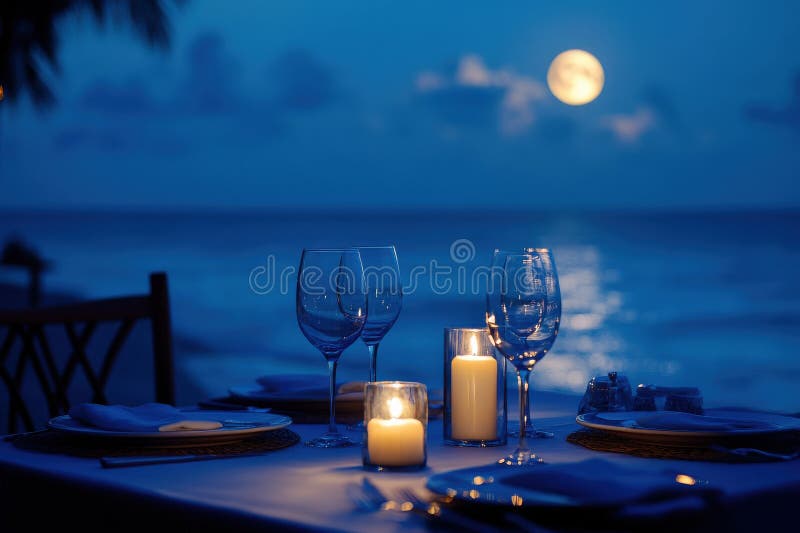 Romantic Oceanfront Candlelit Dinner Setting Under Full Moon at Night ...