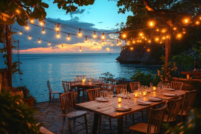 A Romantic Oceanfront Dining Setup, Elegant and Serene, Restaurant ...