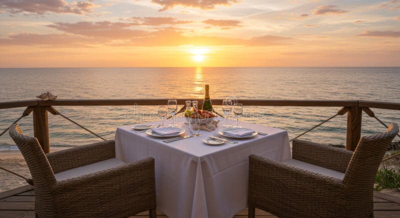 Romantic Oceanfront Dinner at Sunset Stock Illustration - Illustration ...