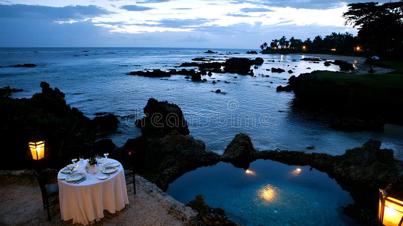Romantic Oceanside Dinner Tropical Coastline Sunset Table Setting ...