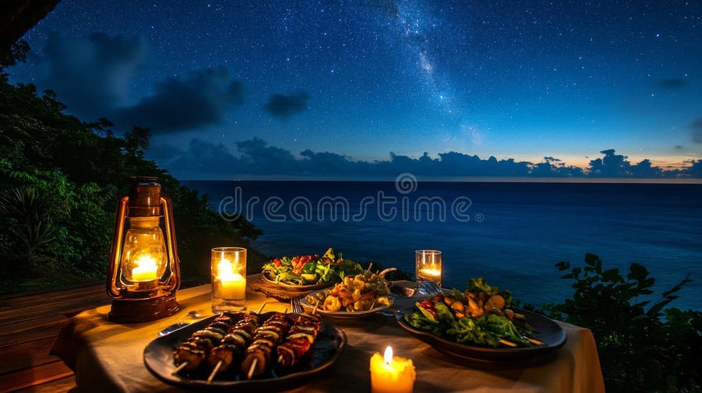 Romantic Oceanside Dinner Under a Starlit Sky Stock Illustration ...