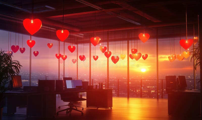Romantic Office Interior with Heart-shaped Lights during Sunset Stock ...