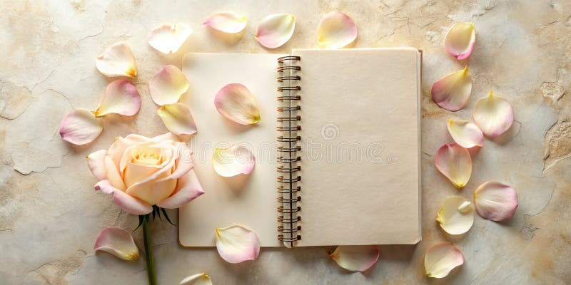 Romantic Open Notebook with a Single Rose and Scattered Petals ...