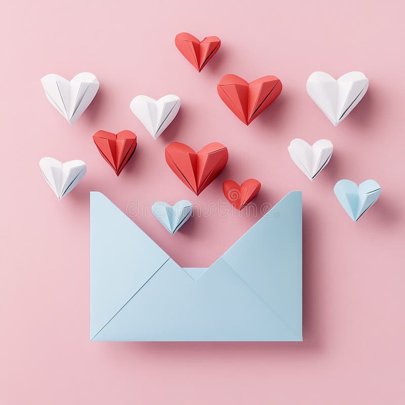 Romantic Origami Hearts Floating into Light Blue Envelope on Pink Stock ...